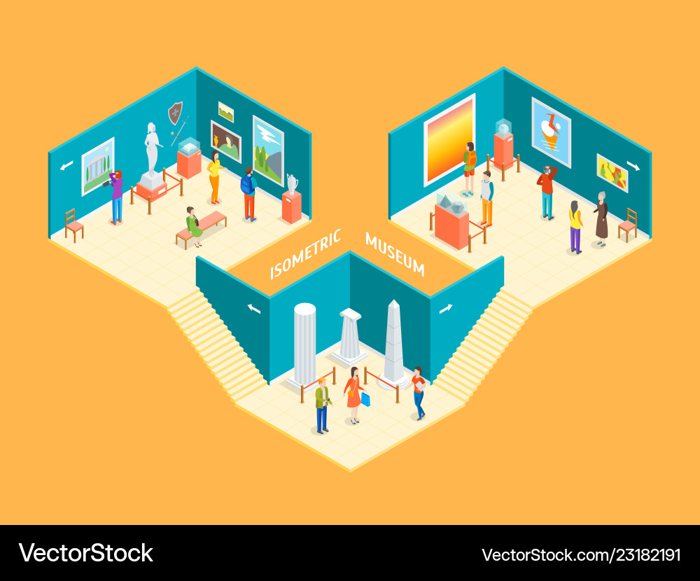Museum hall interior with furniture isometric view