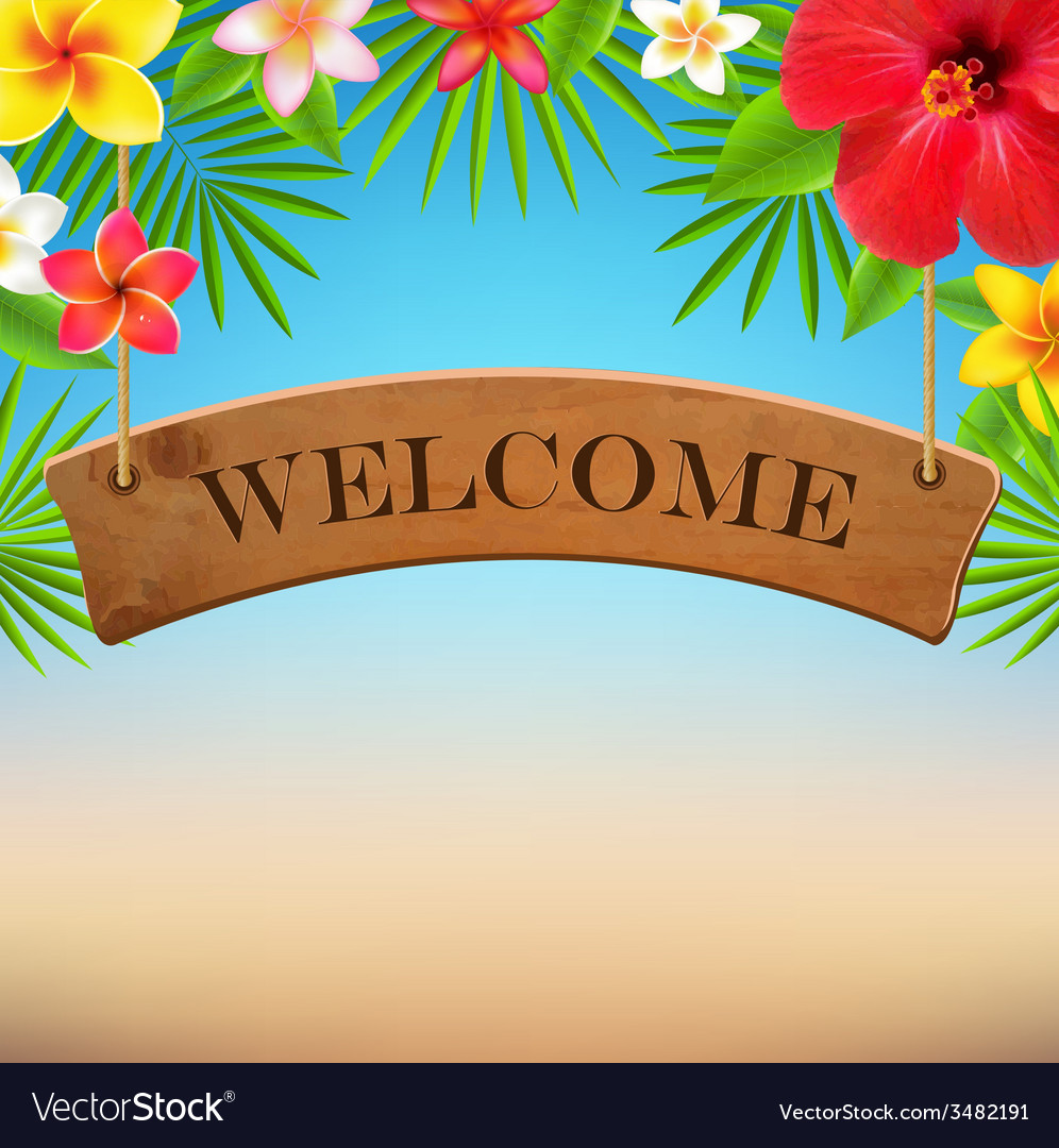 Wooden sign with tropical flowers Royalty Free Vector Image
