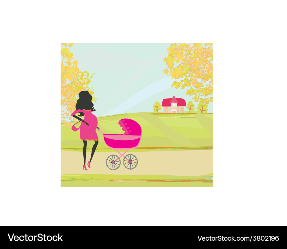 Beautiful pregnant woman pushing a stroller Vector Image
