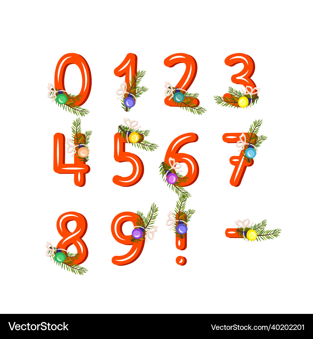 Red numbers with green christmas tree branch ball Vector Image