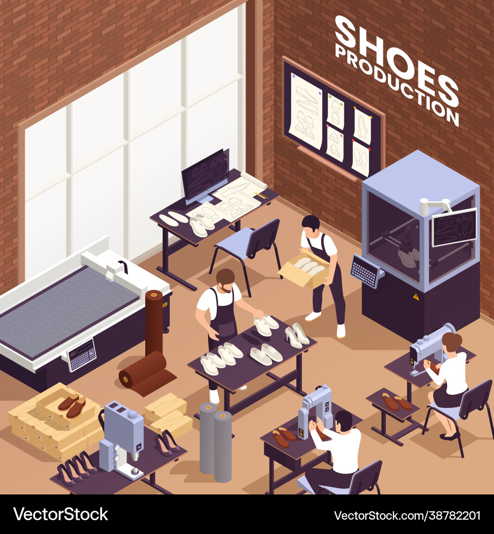 Shoes production isometric background Royalty Free Vector