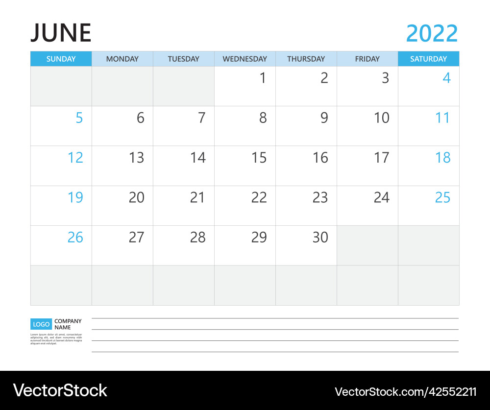 Calendar planner 2022 template- june year Vector Image