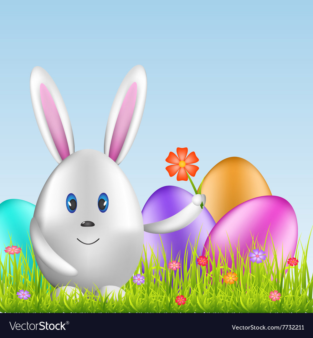 Easter bunny and colorful eggs on spring medow Vector Image