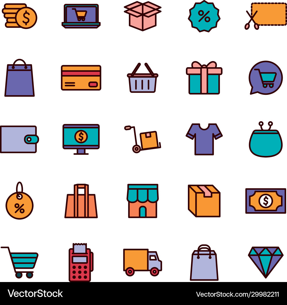 Shopping line and fill style icon set Royalty Free Vector