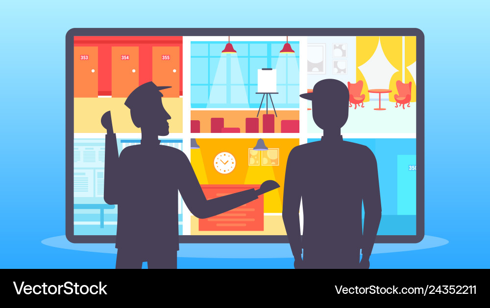 Two security guards looking monitor screen men Vector Image
