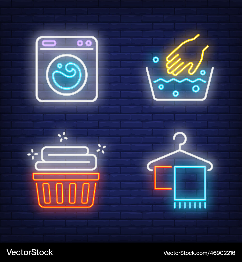 Washing machine hand and clean linen neon Vector Image
