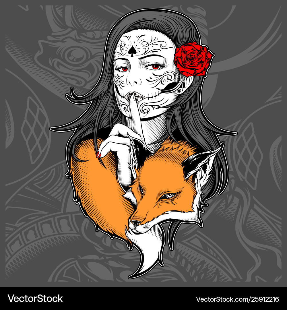 Woman with fox hand drawing Royalty Free Vector Image