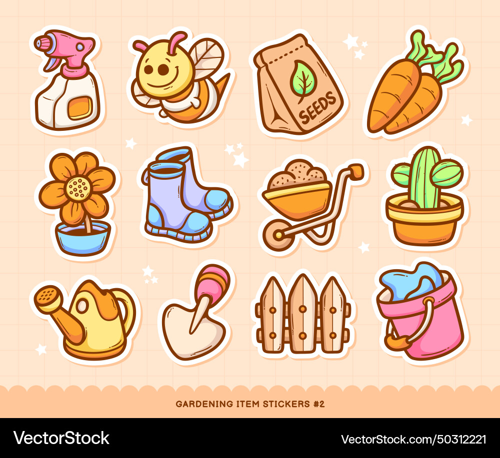 Gardening stickers doodle color collection Vector Image