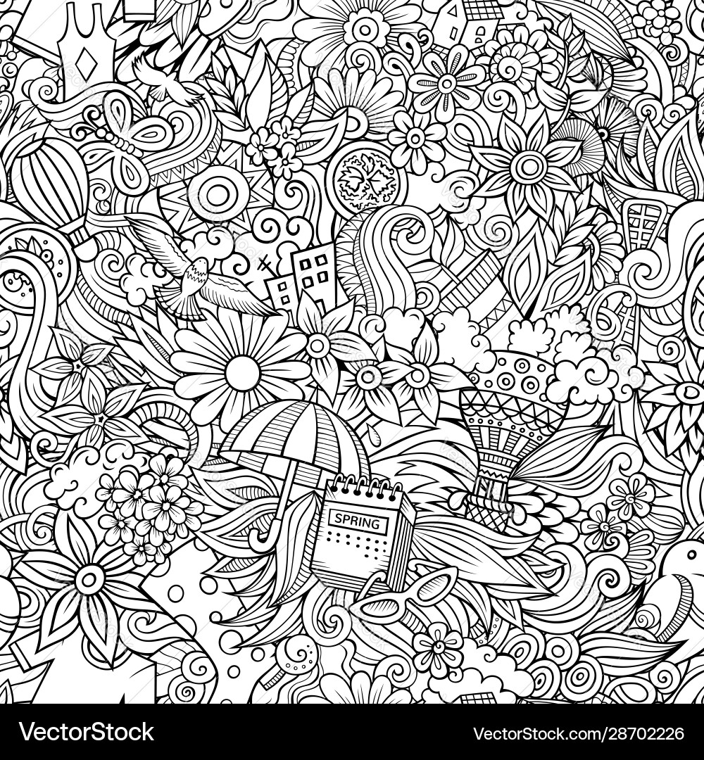 Cartoon cute doodles hand drawn spring seamless Vector Image