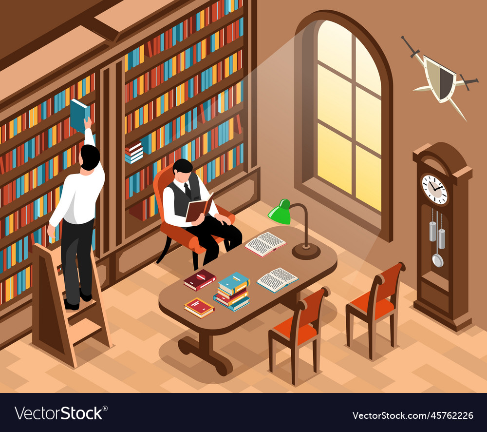Isometric library interior Royalty Free Vector Image