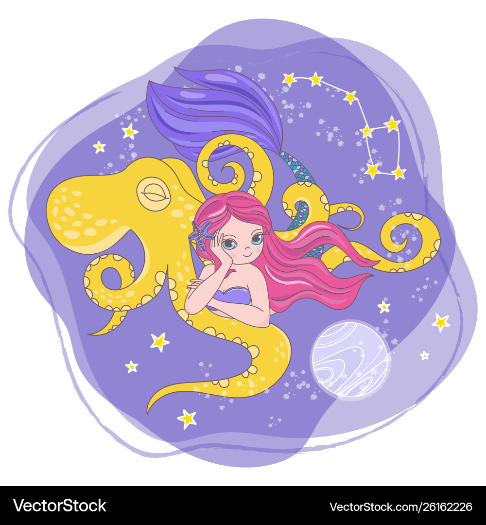 Moon octopus mermaid space cartoon Royalty Free Vector Image