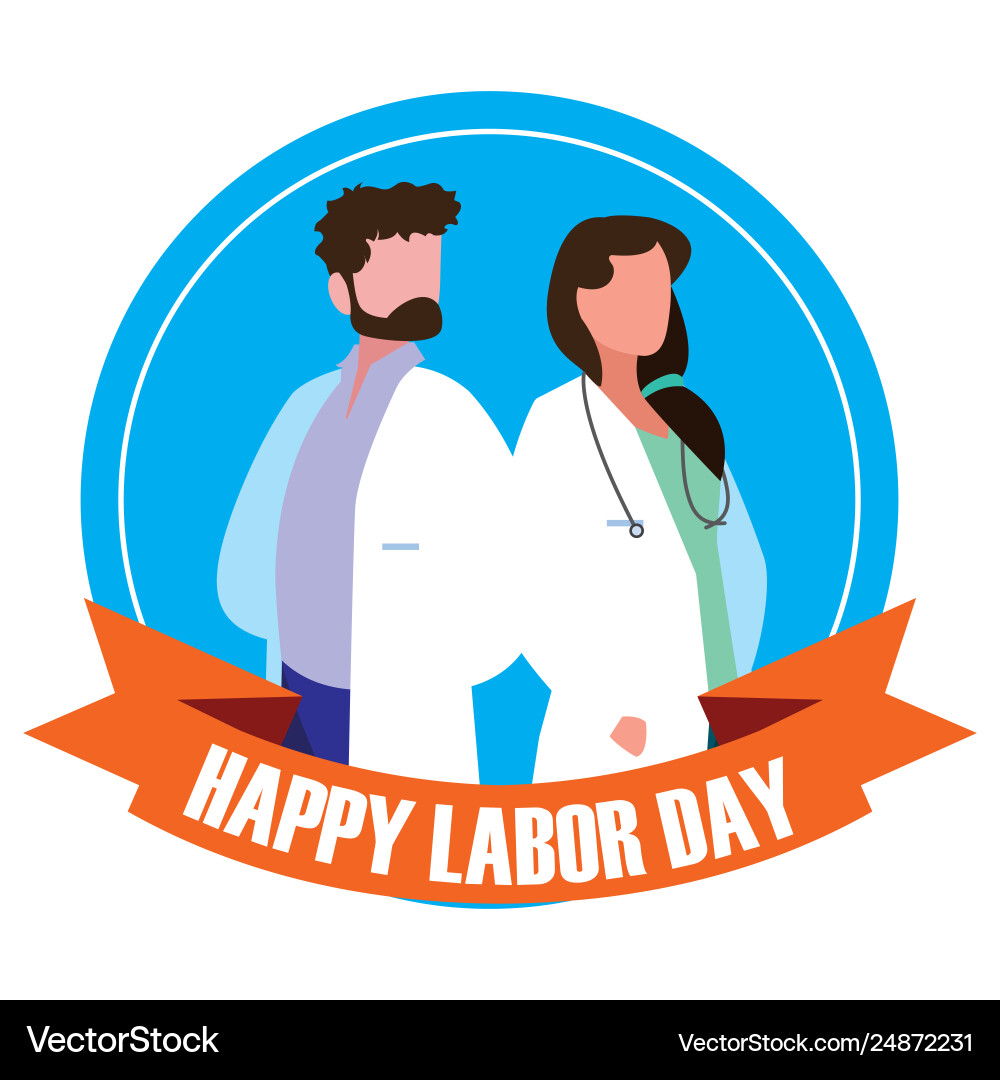 Labour day celebration seal with doctors Vector Image