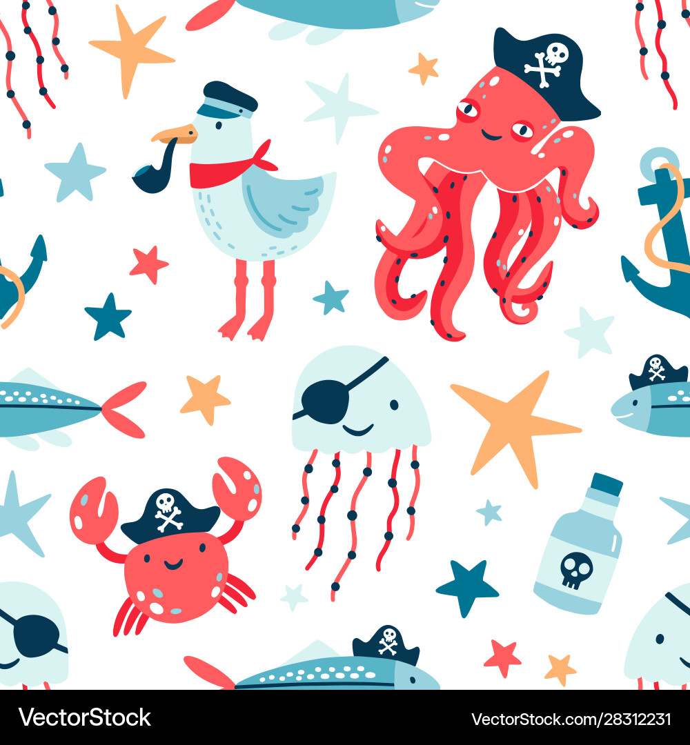 Pirate marine animals flat seamless pattern Vector Image