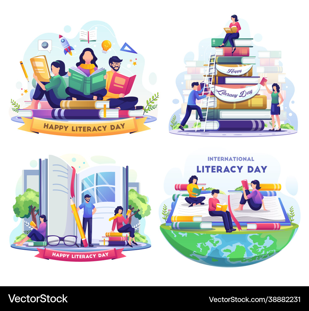 Set bundle literacy day with people celebrate Vector Image