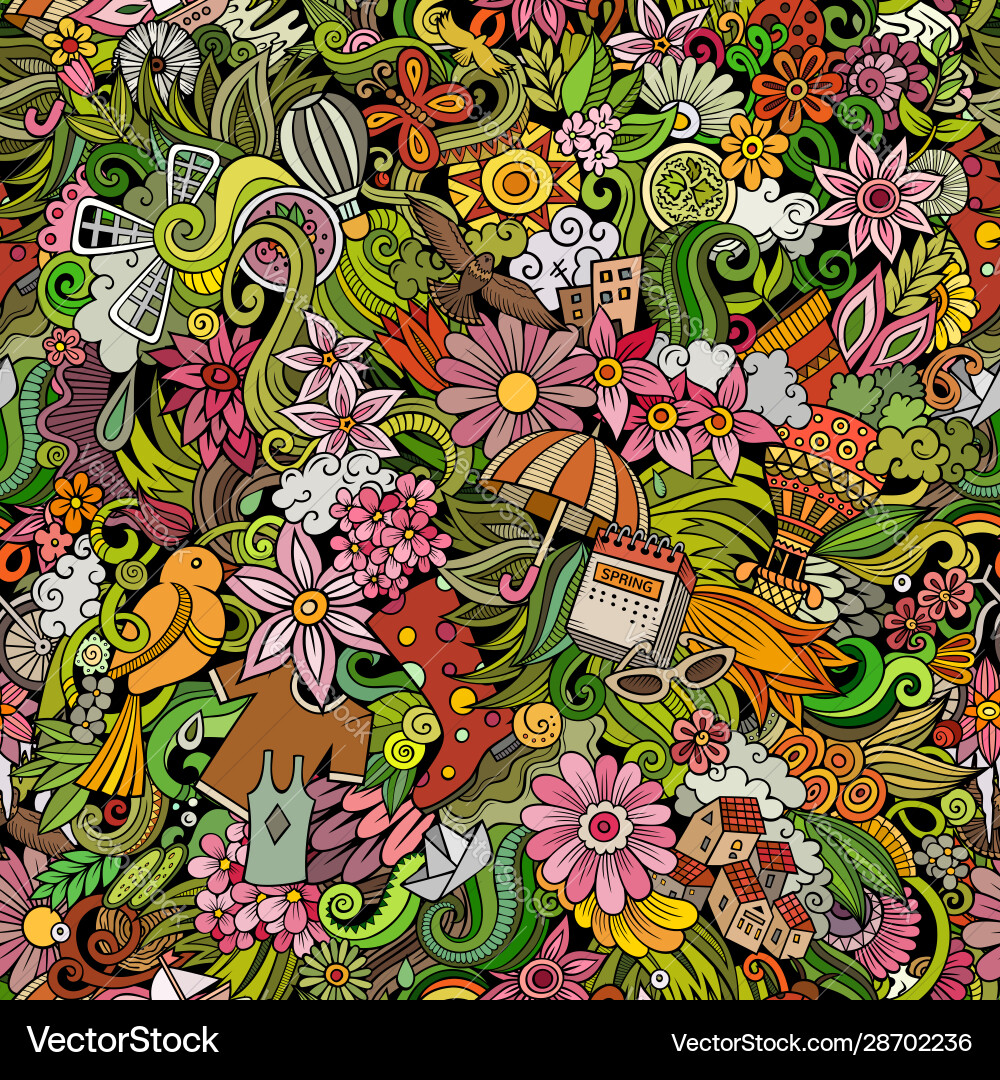 Cartoon cute doodles hand drawn spring seamless Vector Image