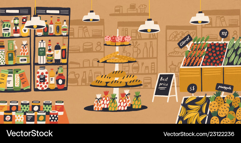 Interior modern grocery store with products Vector Image