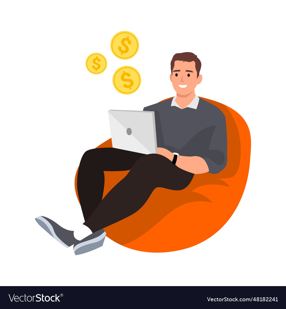 Happy Man Working On A Laptop Computer While Vector Image