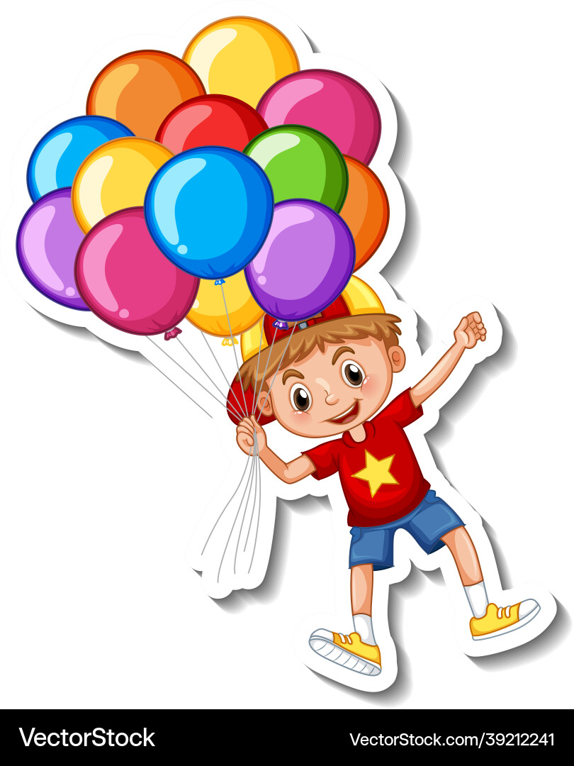 Sticker template with a boy flying with many Vector Image