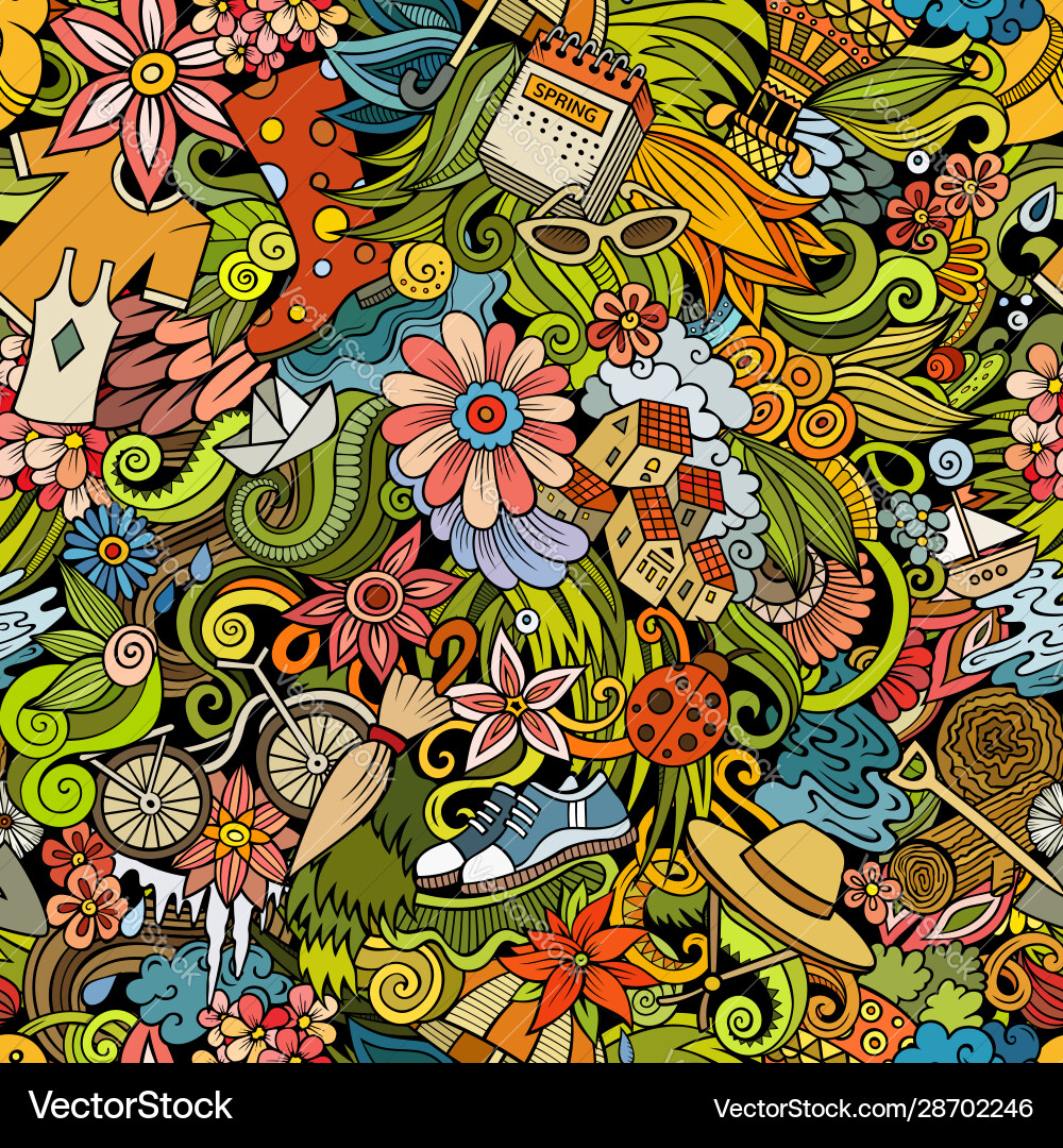 Cartoon cute doodles hand drawn spring seamless Vector Image