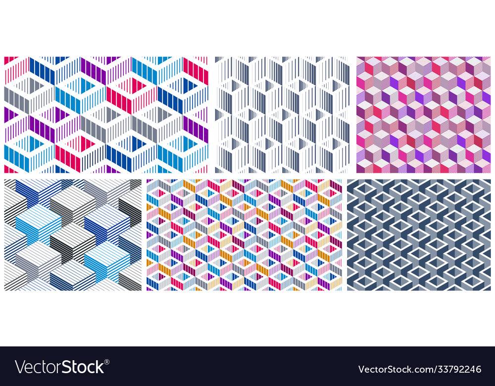 Geometric 3d seamless patterns with lined cubes Vector Image