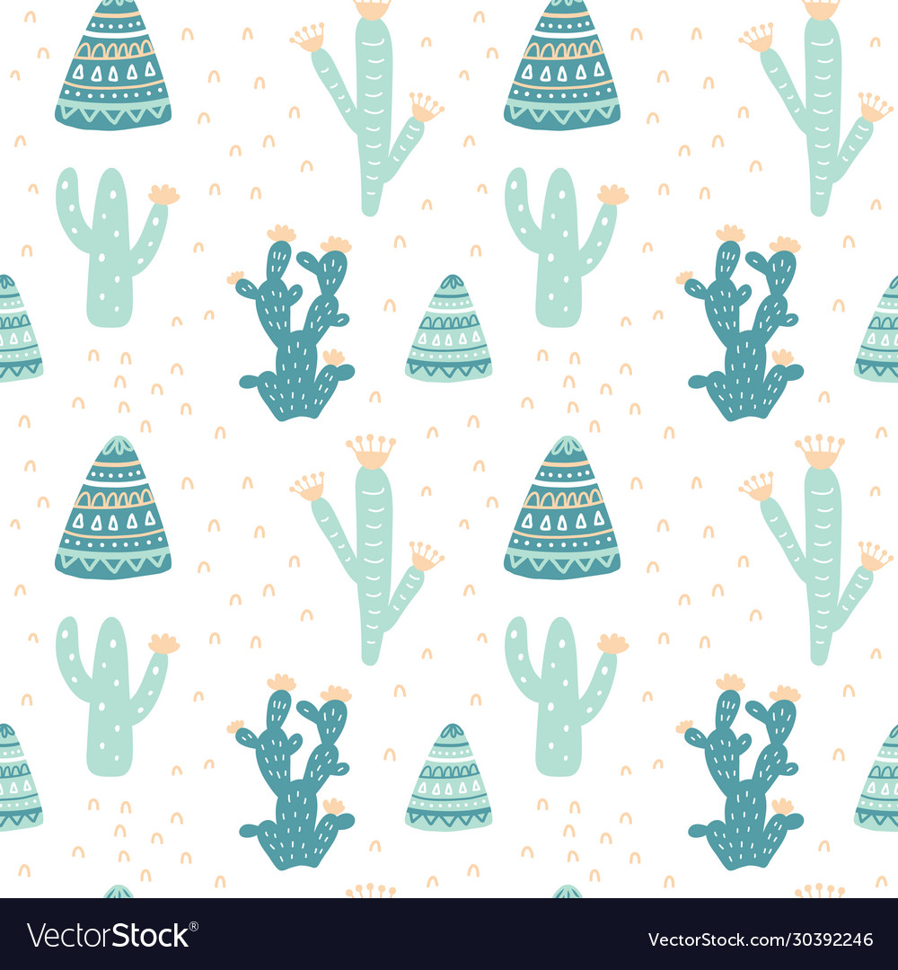 Hand drawn cacti seamless repeat pattern Vector Image