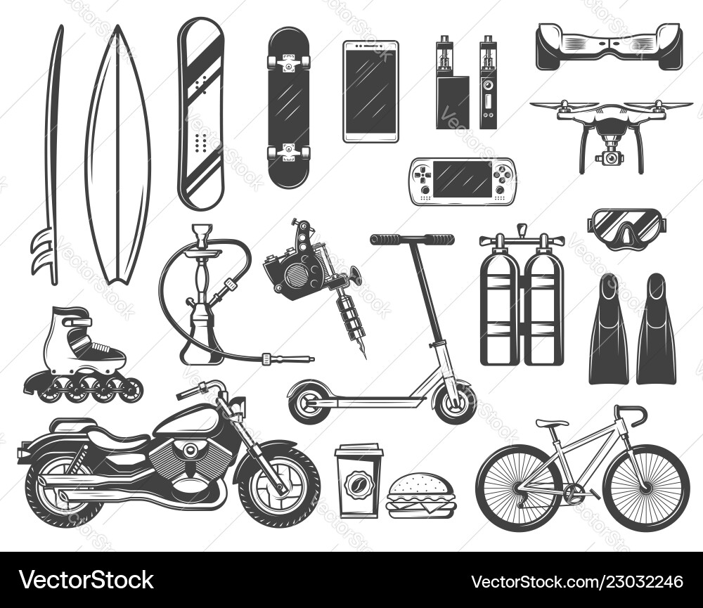 Hobby and entertainment items or devices sketches Vector Image