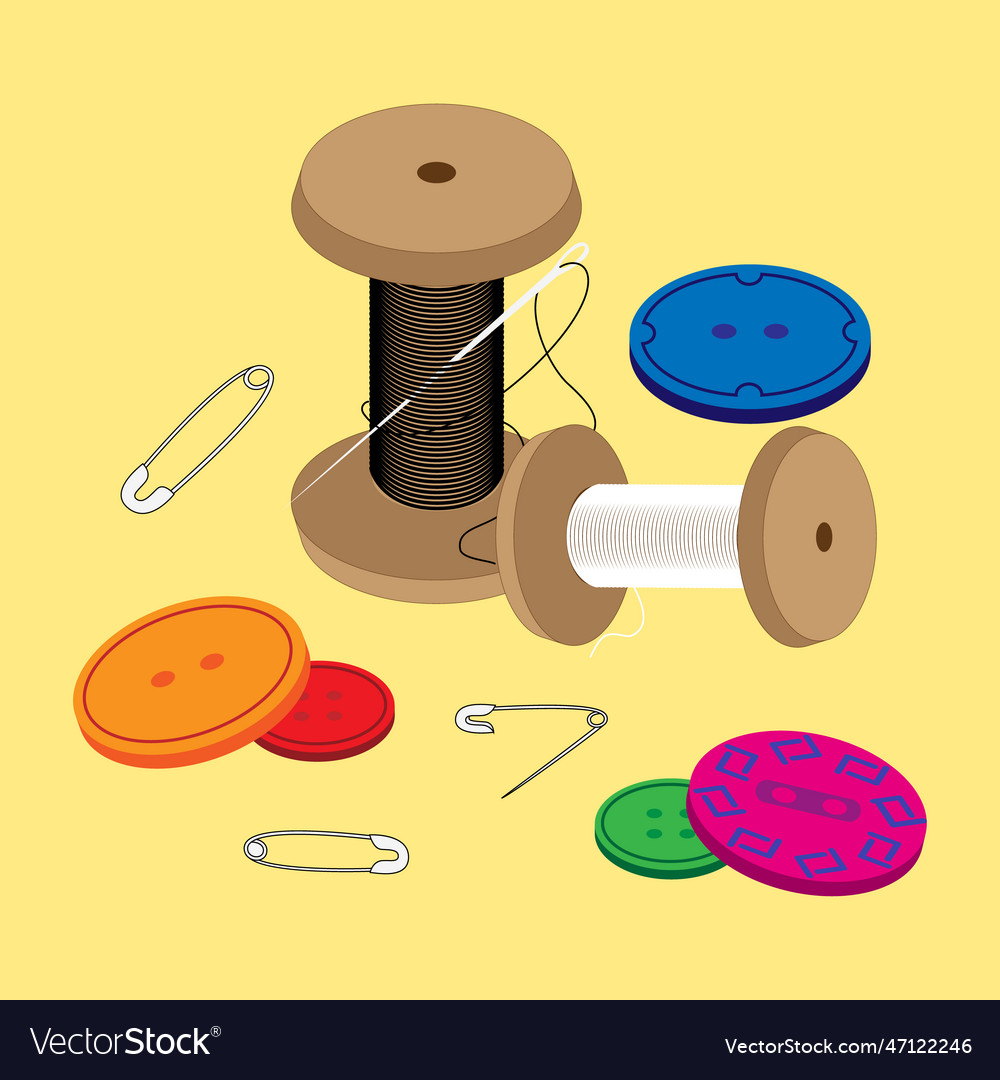 Spool of thread with needle buttons and pins Vector Image