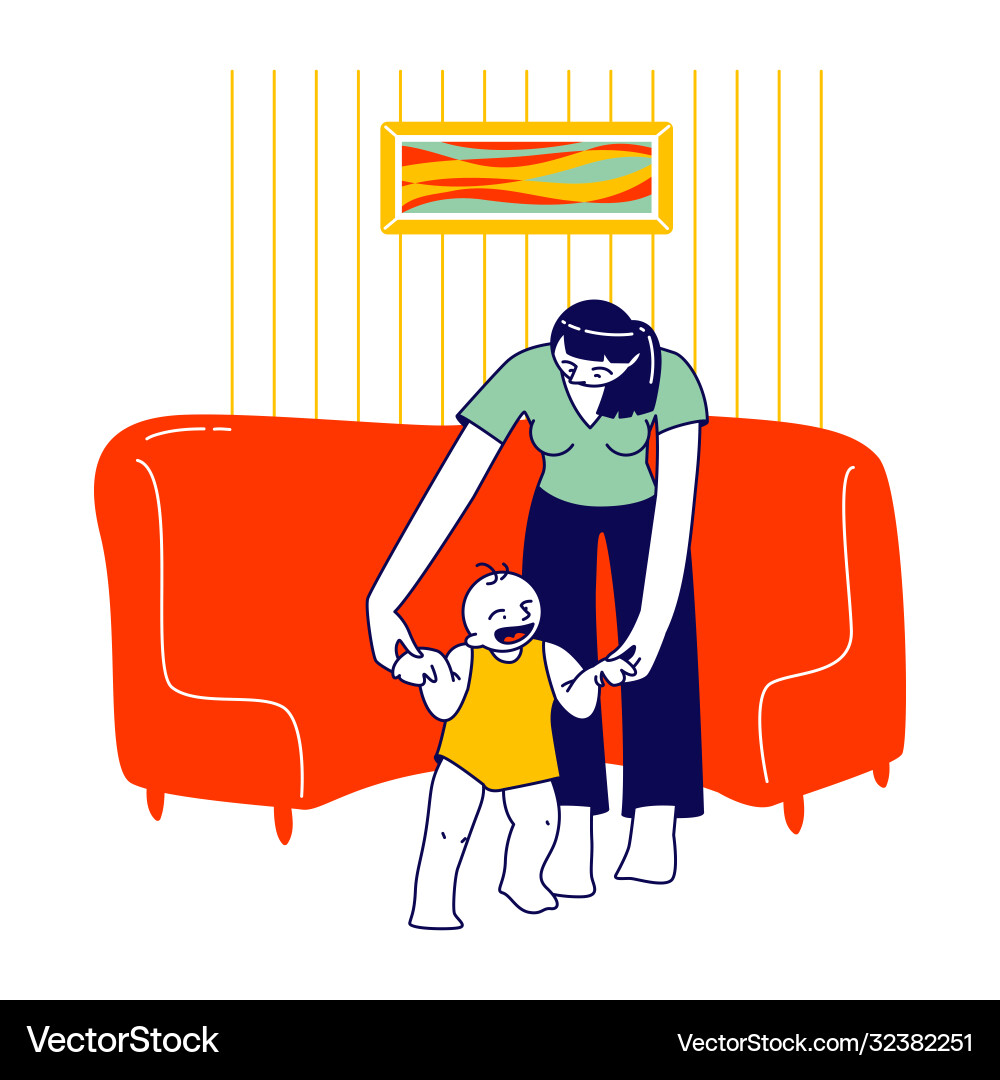 Baby making first step mother holding toddler Vector Image