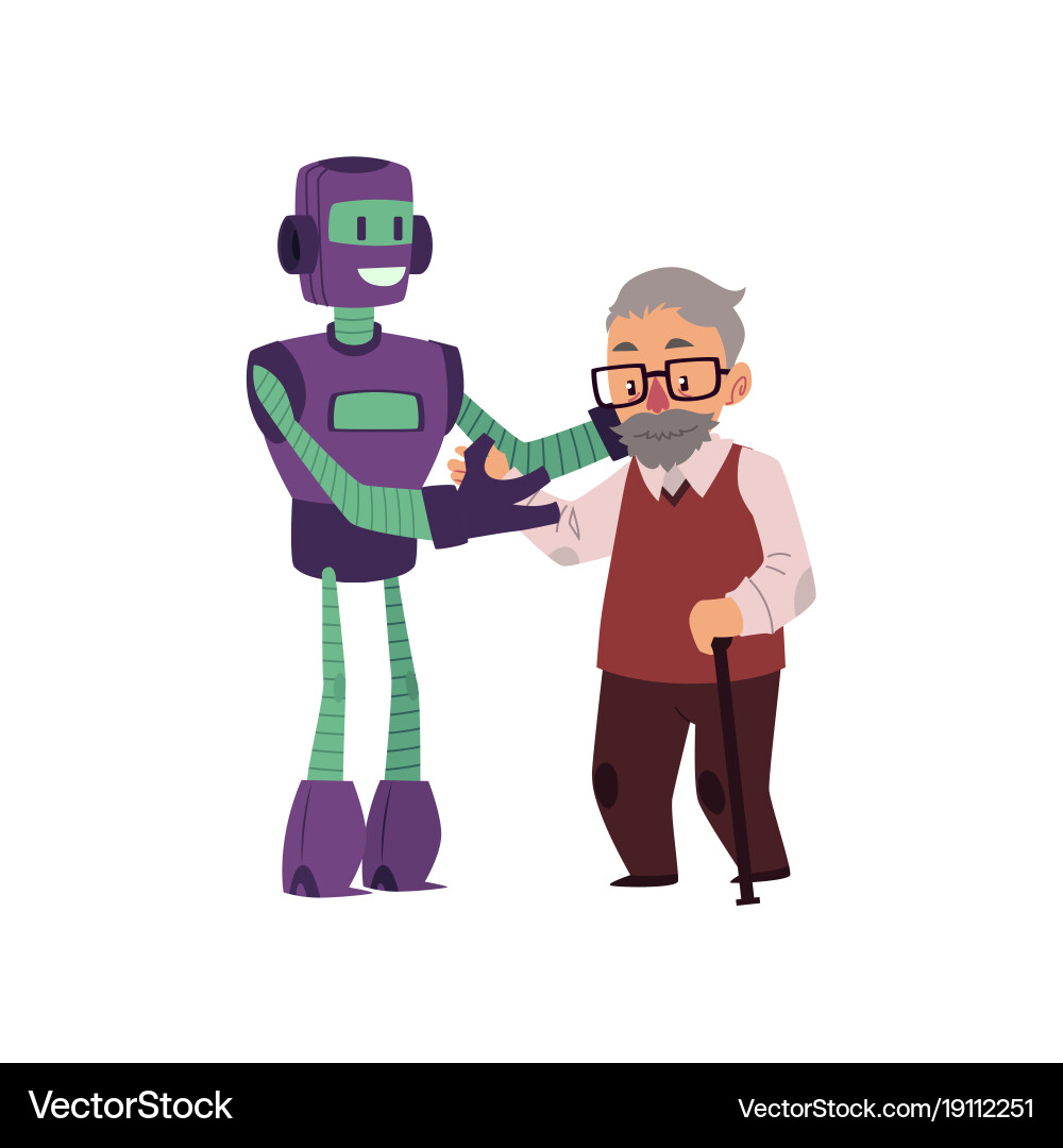 Robot helping old senior man with cane to walk Vector Image