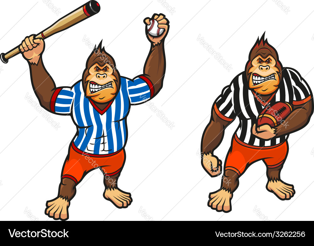 Cartoon gorilla playing baseball and rugby Vector Image