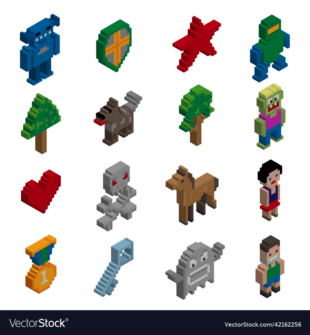Pixel characters isometric Royalty Free Vector Image