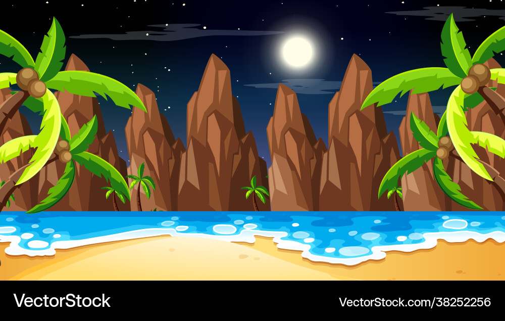 Tropical beach landscape scene at night Royalty Free Vector