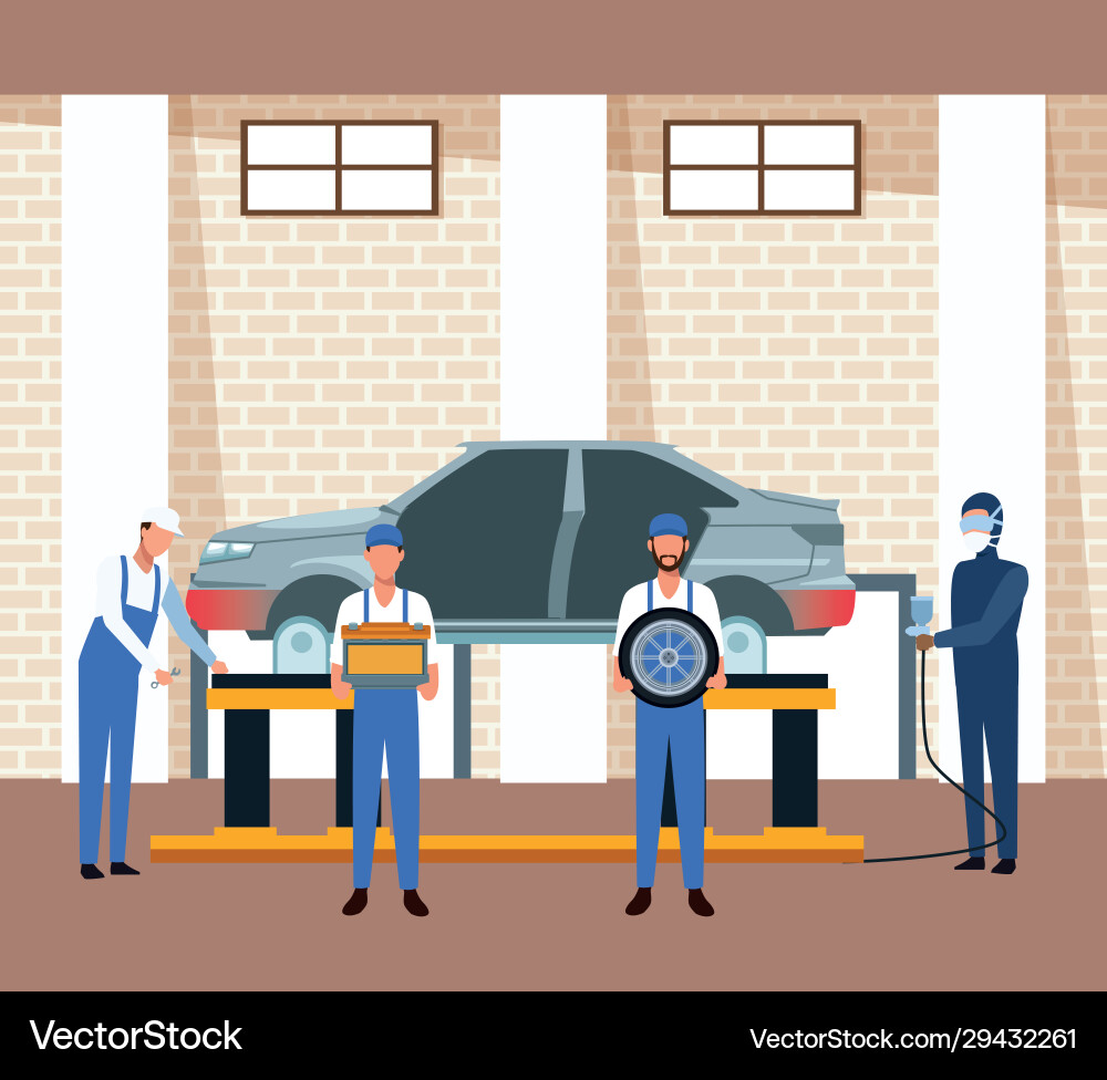 Car workshop scenery with mechanics and lifted Vector Image