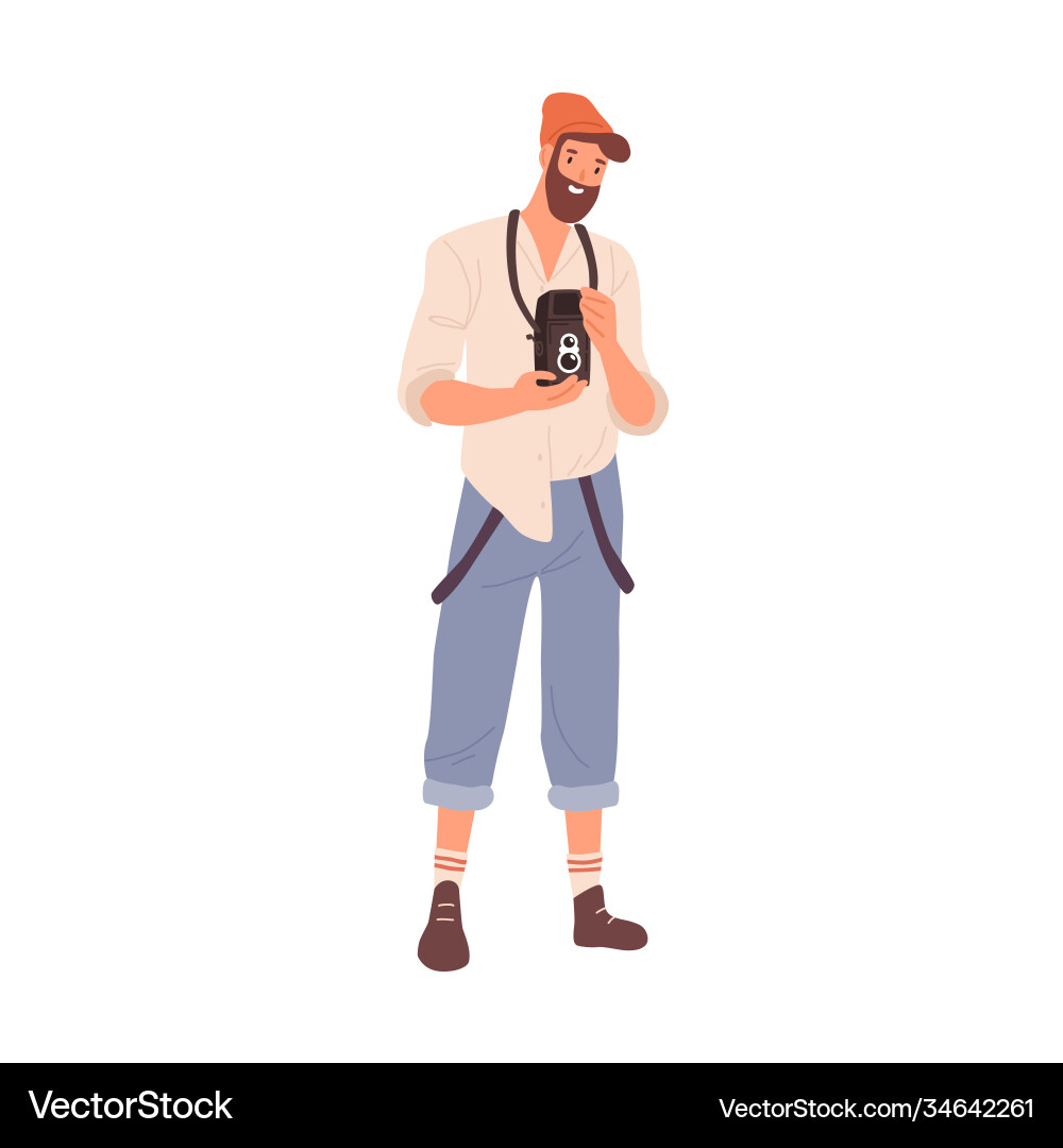 Hipster guy photographing on tlr camera young man Vector Image