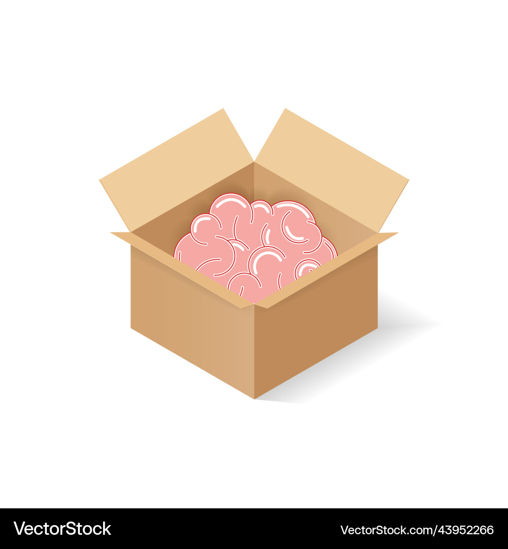 Big pink brain and opened cardboard package box Vector Image
