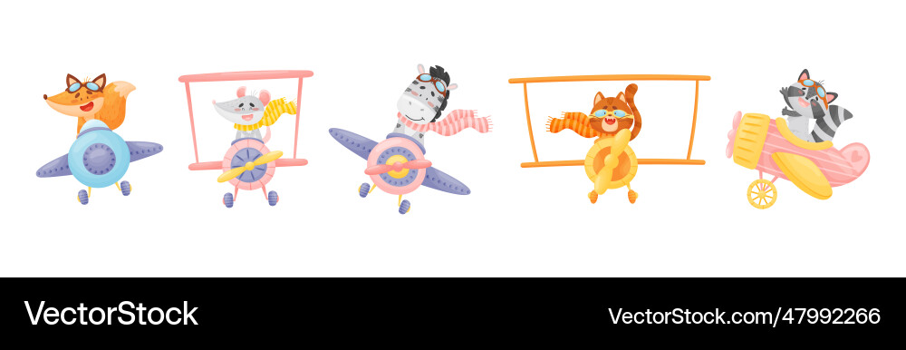 Cute baby animals pilot flying plane set Vector Image