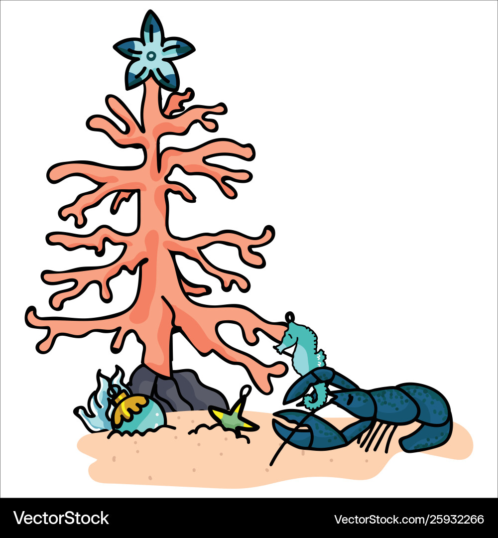 Cute underwater christmas tree decorating lobster Vector Image