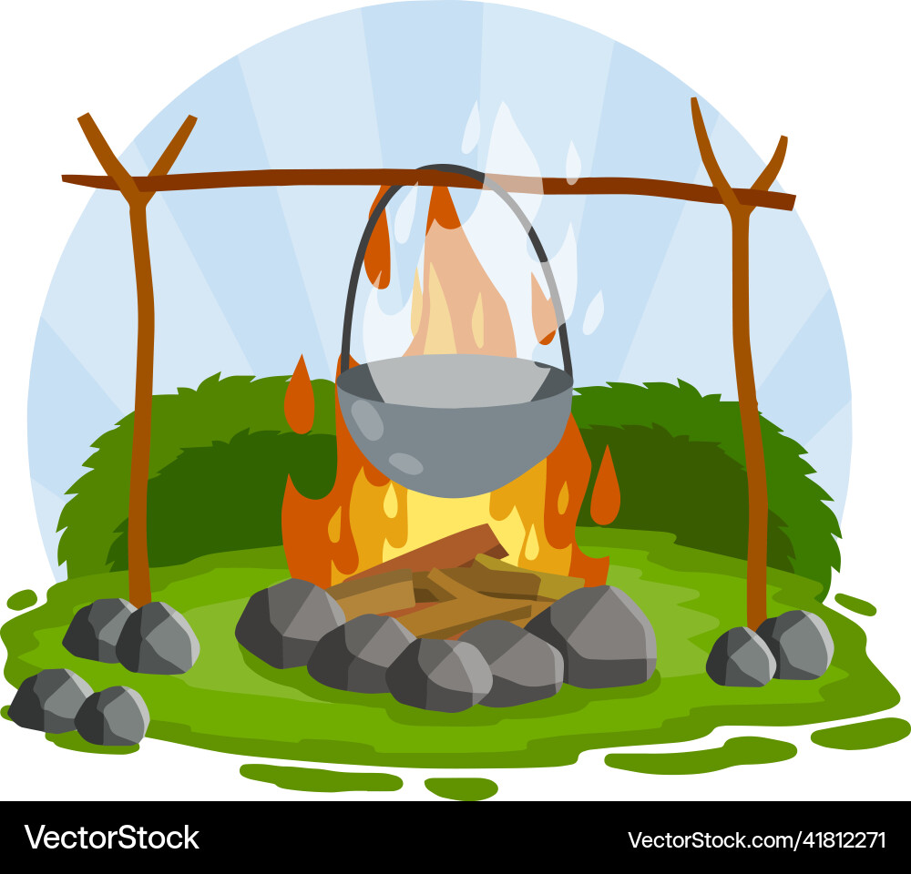 Cooking on fire in pot cauldron and campfire Vector Image