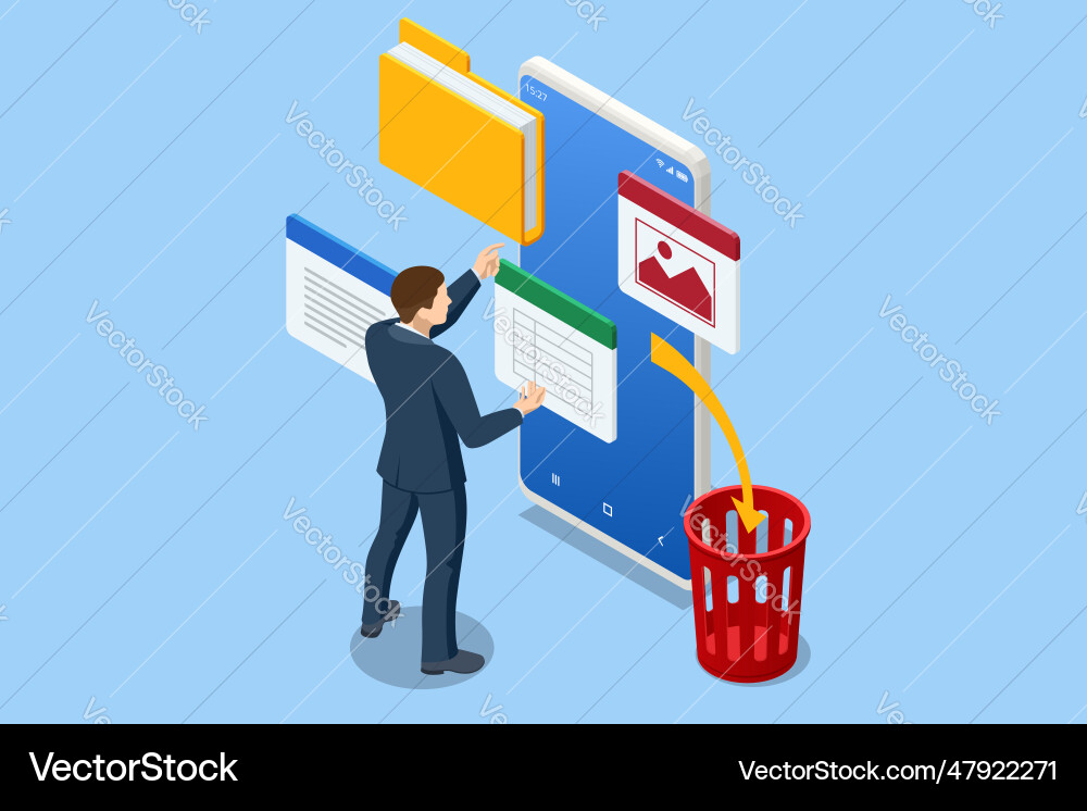 Isometric inbox organisation and clean-up spam Vector Image