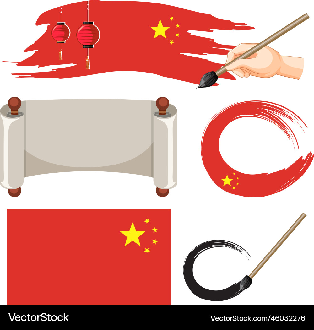 Chinese flag symbol with ink brush set Royalty Free Vector