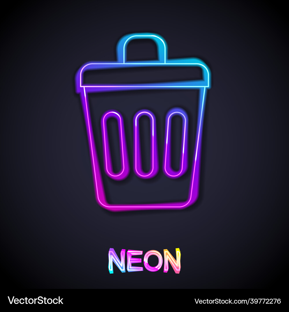 Glowing neon line trash can icon isolated on black