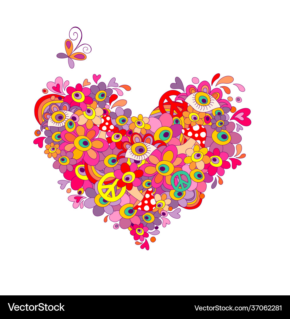 Psychedelic hippie heart shape with colorful Vector Image