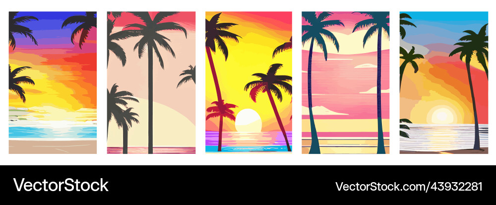 Set vertical retro sunset posters 80s and 90s Vector Image