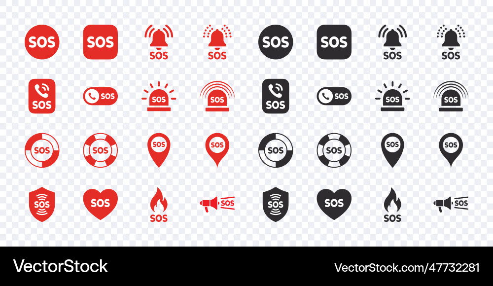 Sos emergency icons set red and black Royalty Free Vector