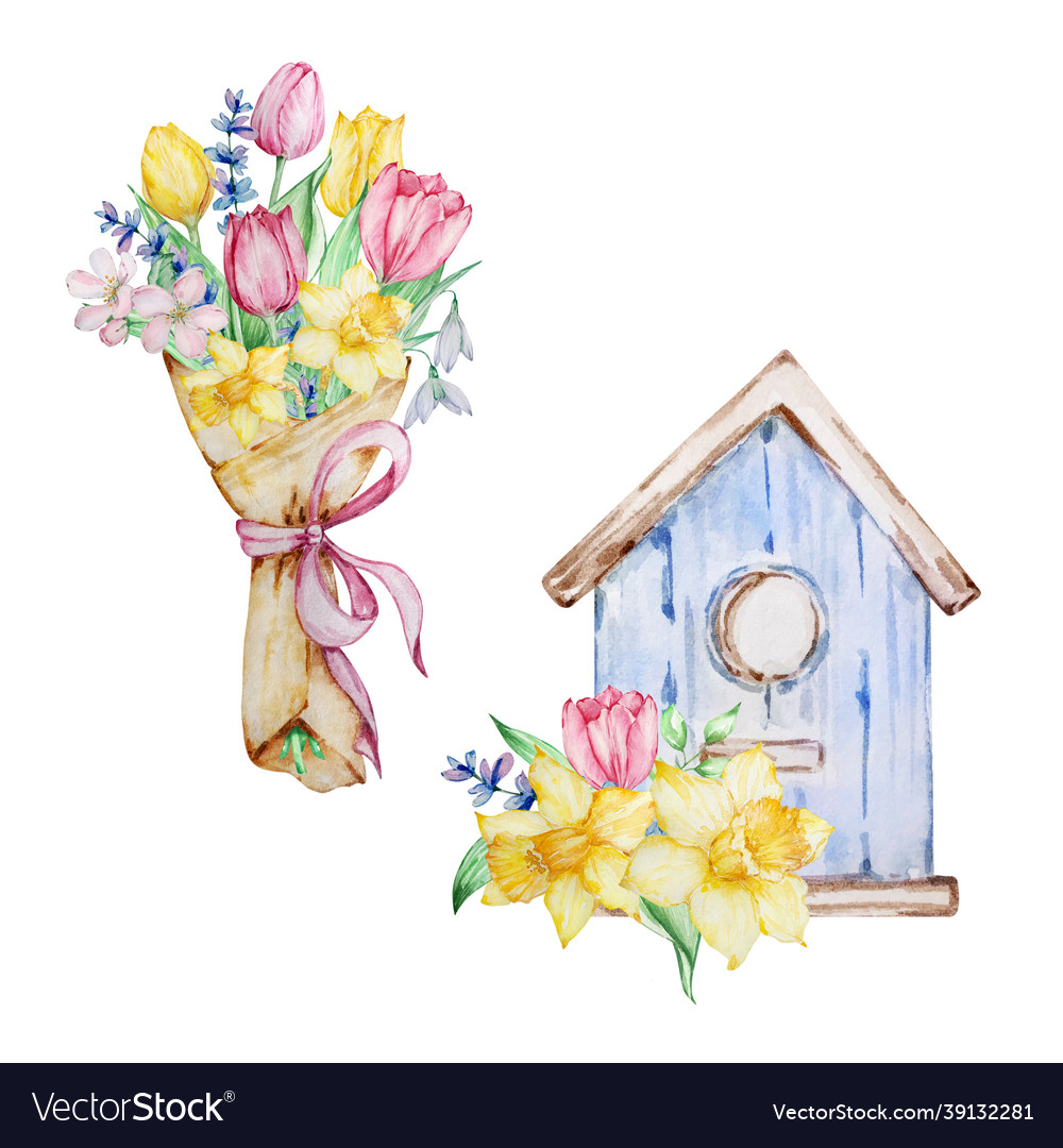 Watercolor painting spring flowers bouquet Vector Image