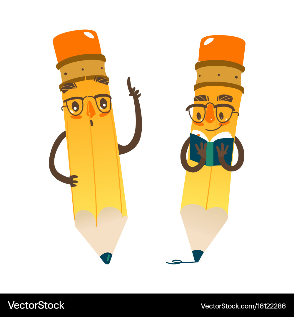 Cartoon humanized pencil in cap and glasses Vector Image