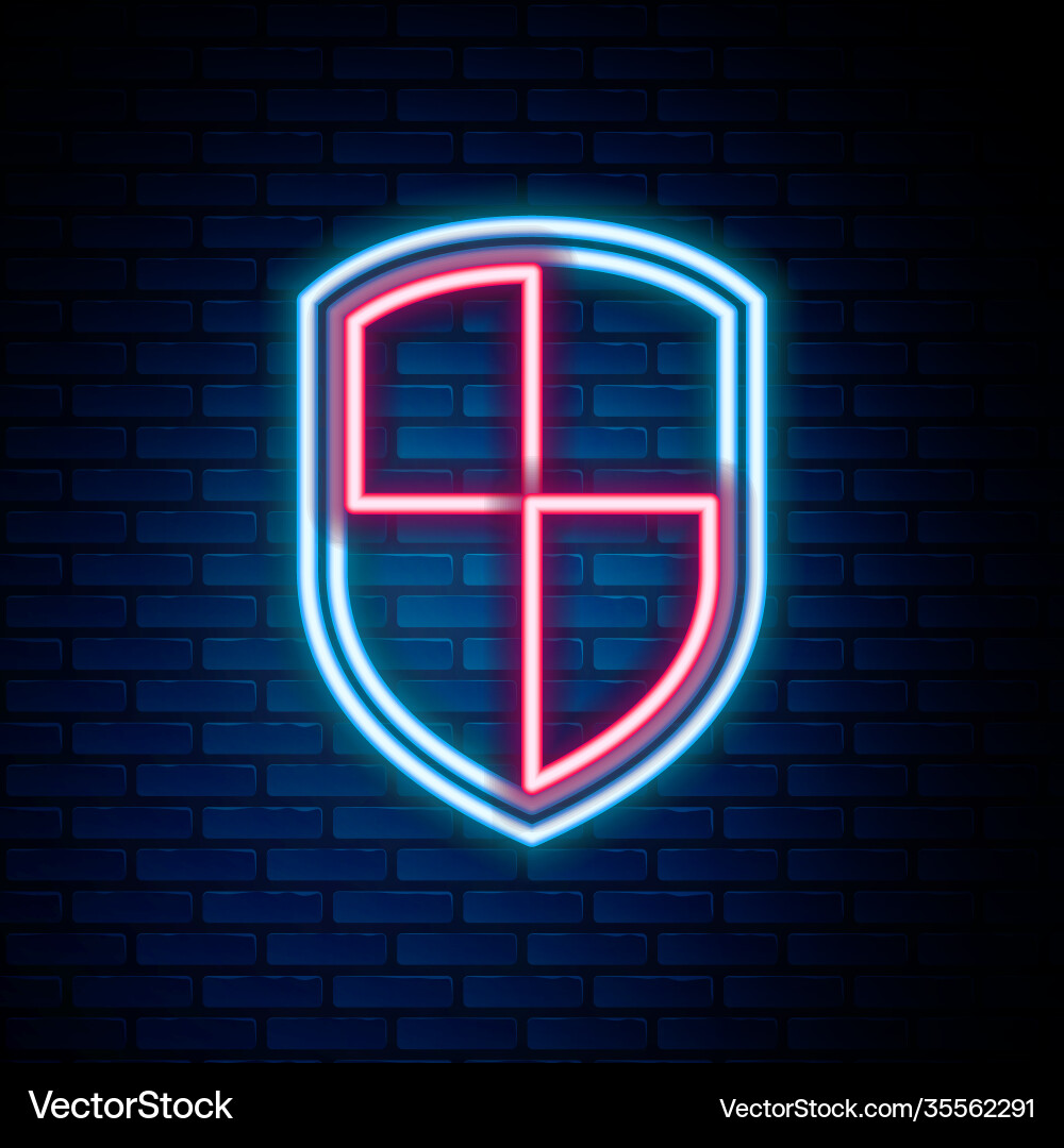 Glowing neon line shield icon isolated on brick Vector Image