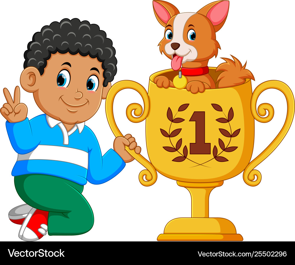 Boy who is first rank is holding trophy Royalty Free Vector