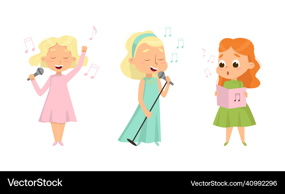 Funny girl standing with microphone and singing Vector Image