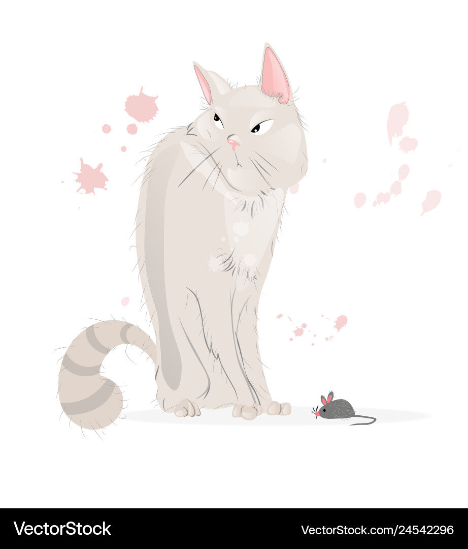 White cat and a mouse cartoon character Royalty Free Vector